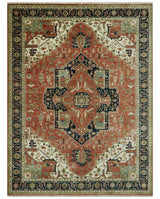 9x12 Rust, Ivory and Blue fine Hand Knotted Traditional Heriz wool rug ...