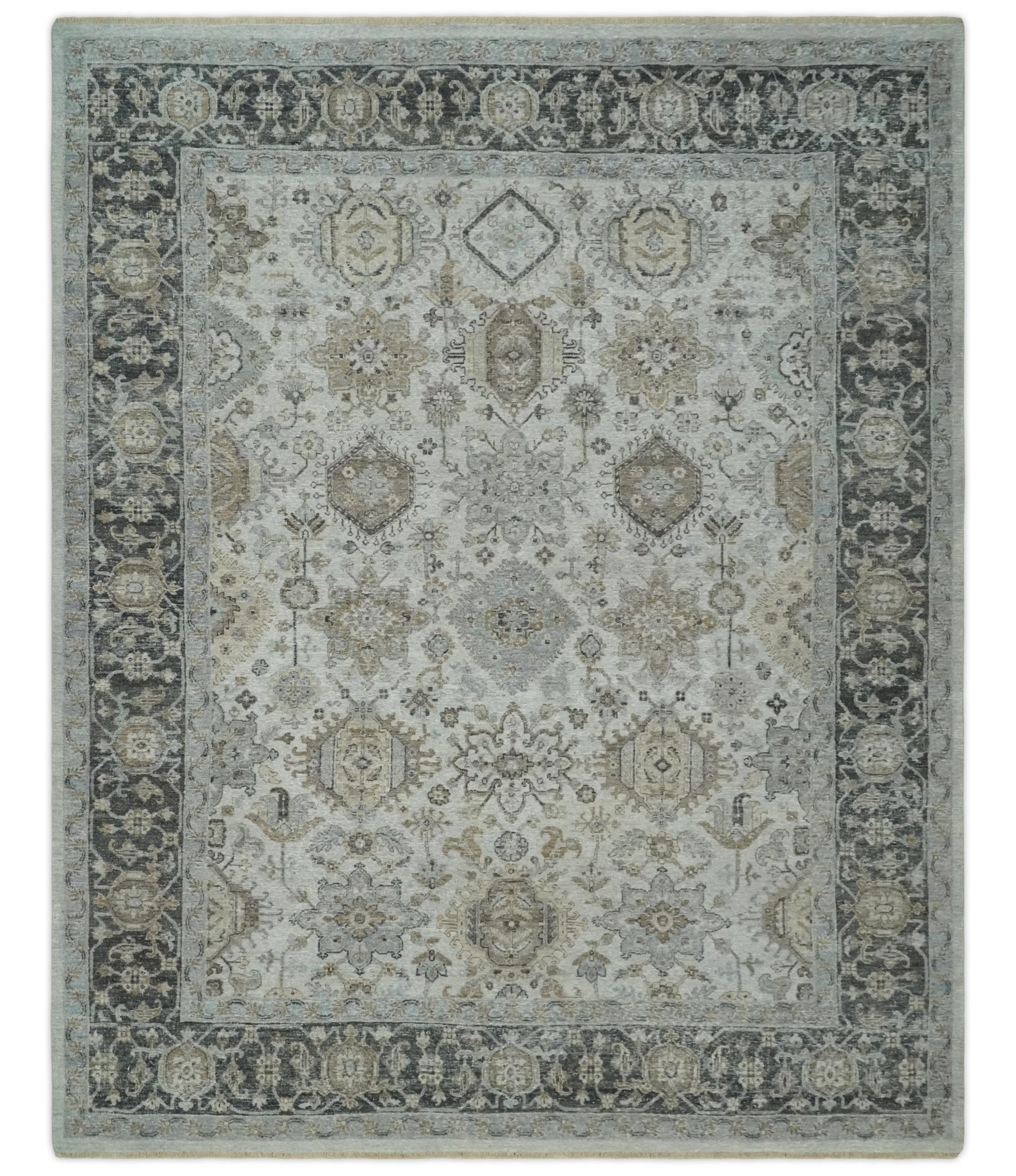 Antique Distressed Ivory, Charcoal and Beige Low Pile Oushak wool Rug ...
