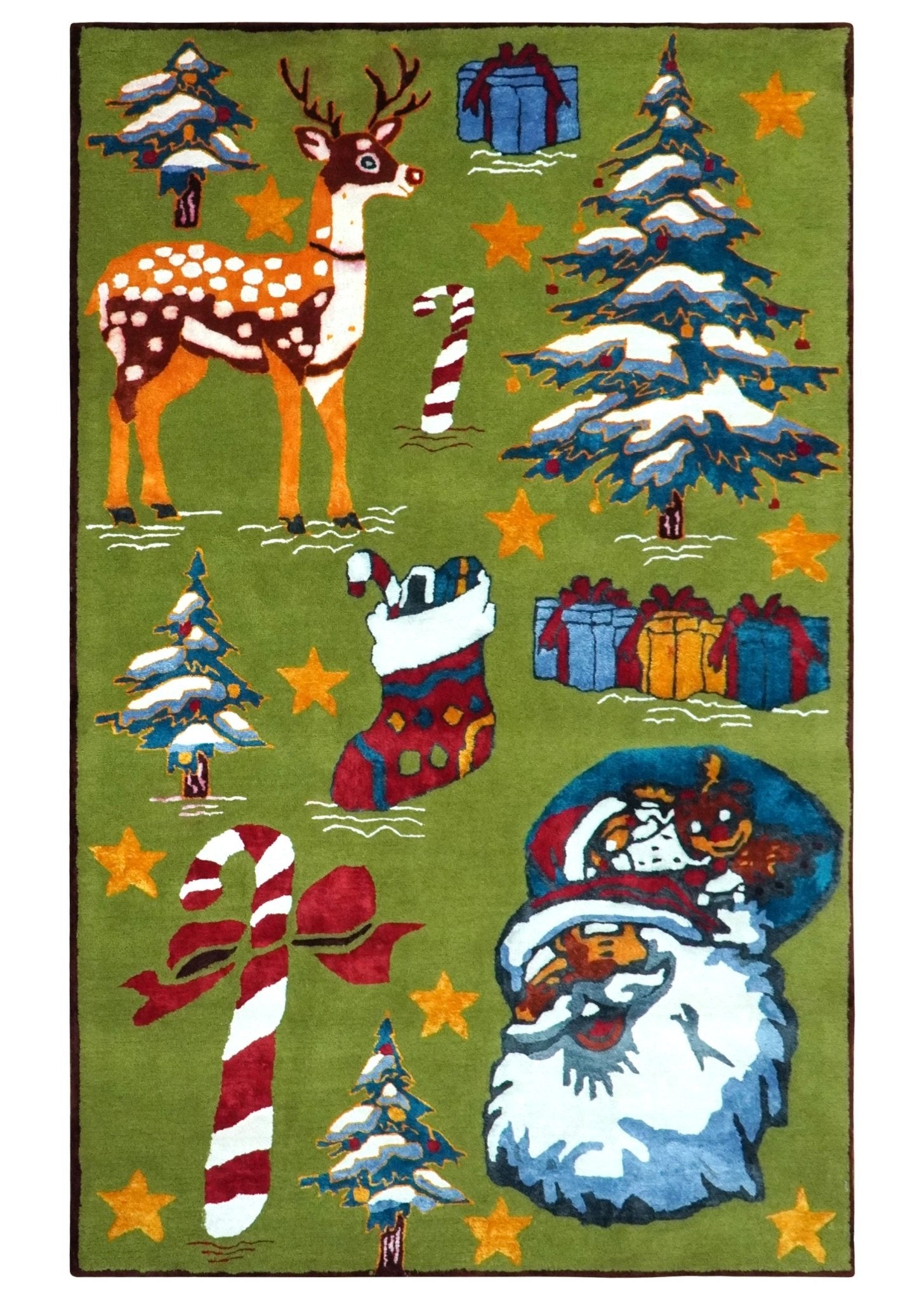 Colorful Santa, Reindeer and Candy Cane Green Christmas Scene Rug – The ...