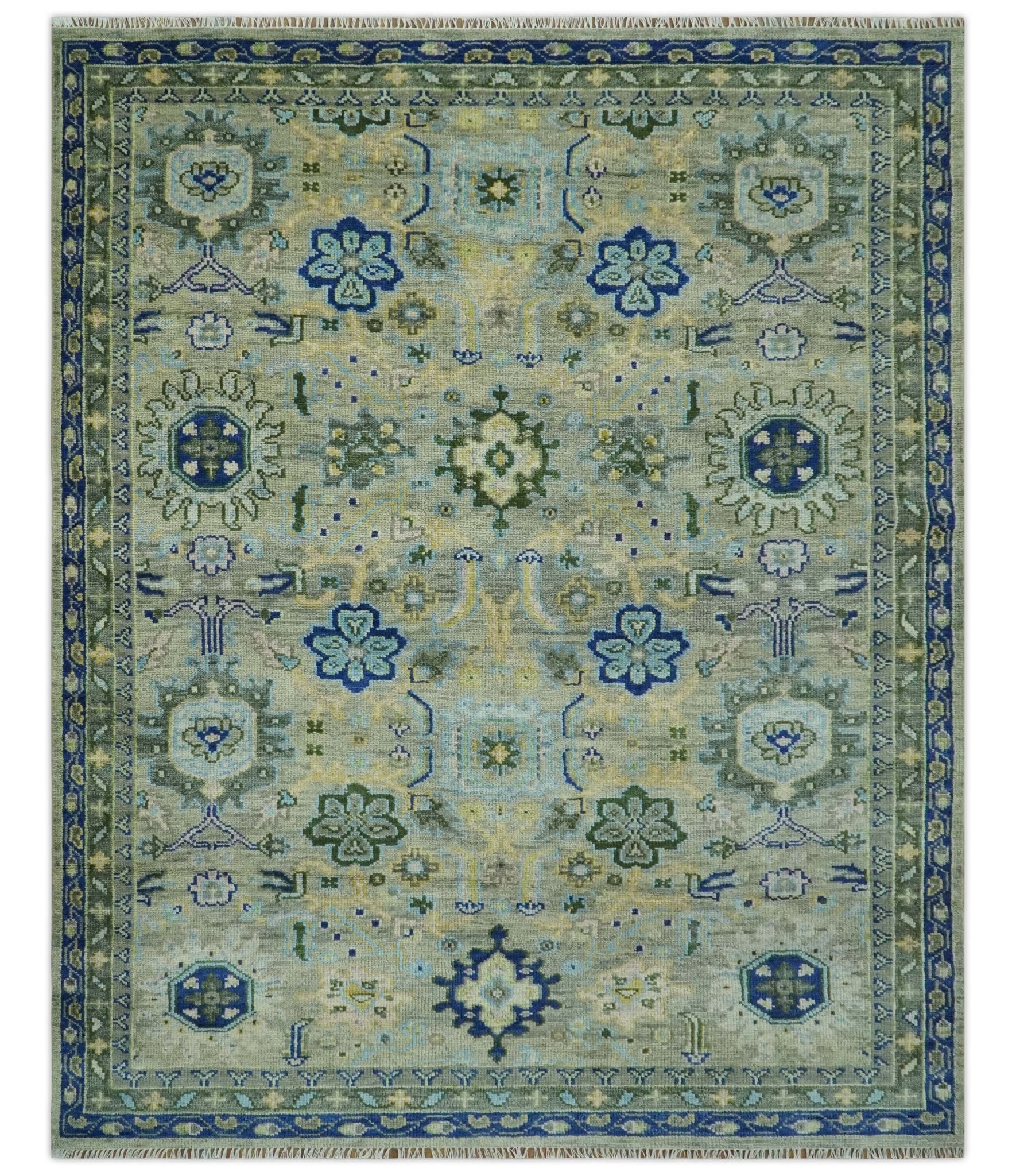 Green, Blue and Mustard Hand Knotted Traditional Oushak wool area rug ...
