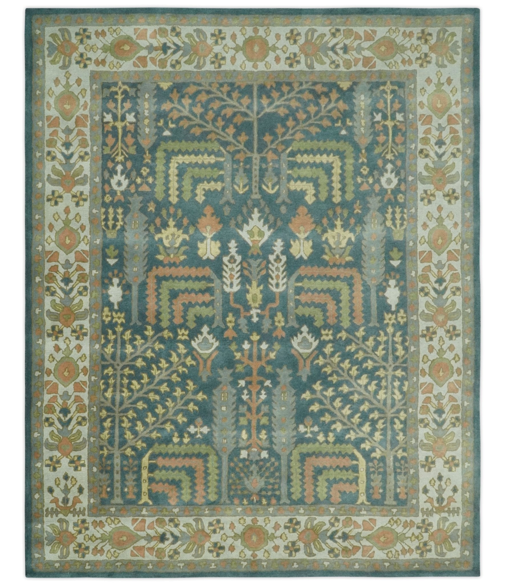 Traditional Floral Teal, Silver, Green and Dark Peach wool Area Rug ...