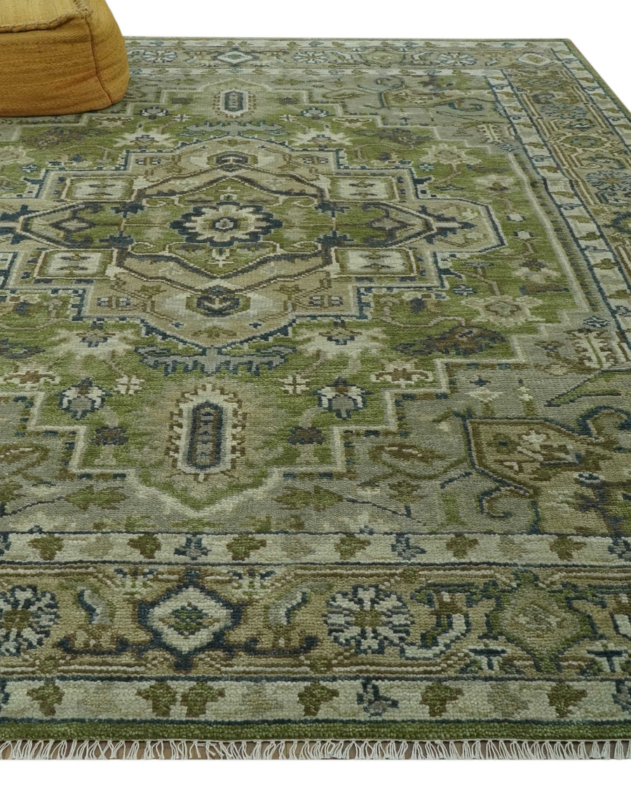 Hand Knotted Traditional Heriz Green, Silver and Charcoal wool rug ...