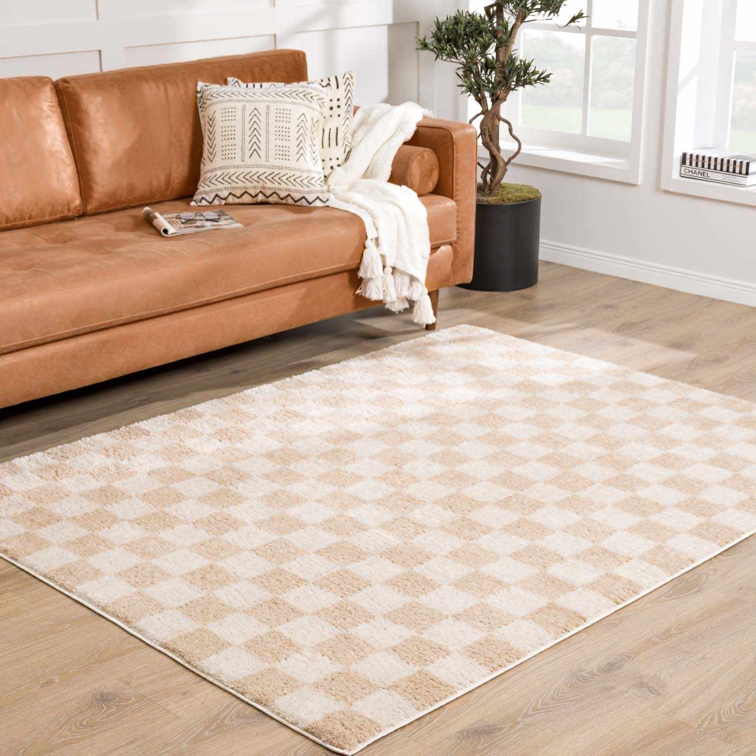 Modern Contemporary Camel and Beige Checked Texture High Pile Area Rug