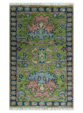 Moss Green, Blue and Peach Hand Knotted Vibrant colorful Donegal Desig ...