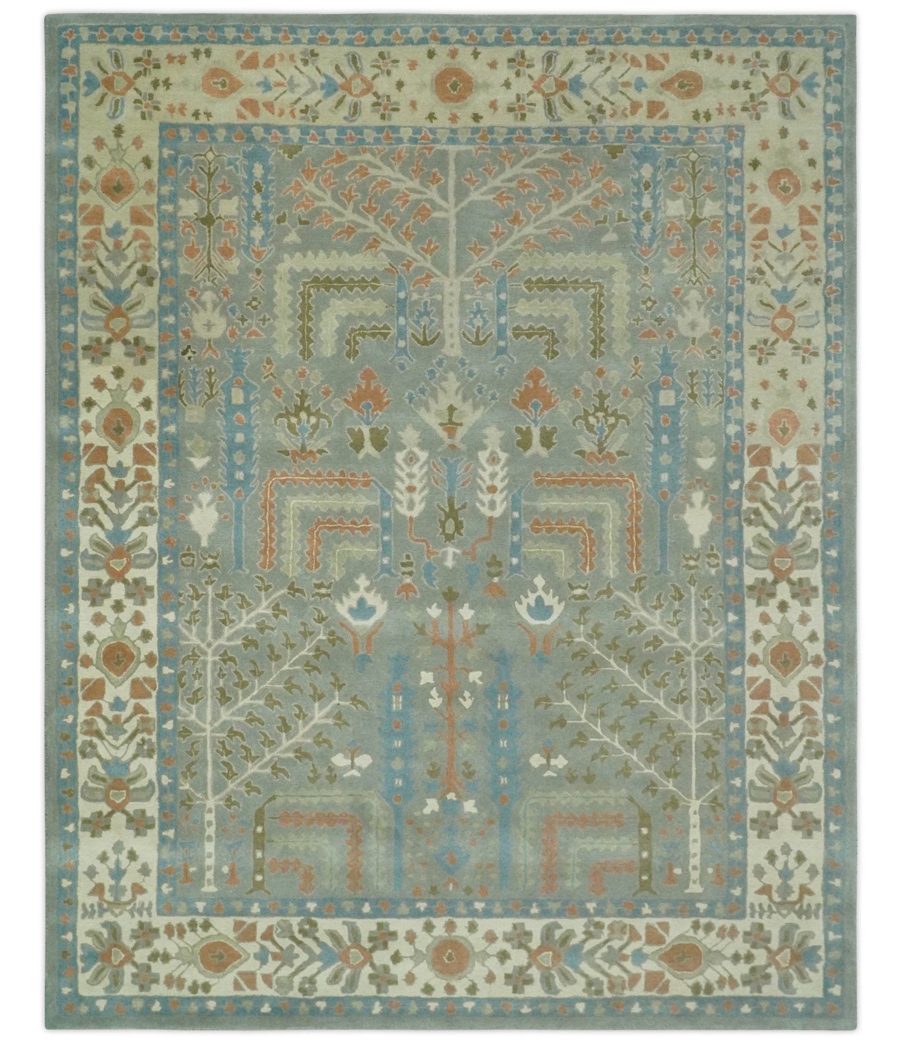 Traditional Floral Gray, Beige, Green and Dark Peach wool Area Rug ...
