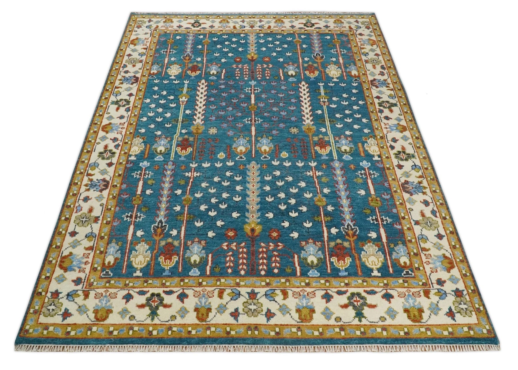 Hand Knotted Teal Blue and Ivory Traditional Vintage Style Multi size ...