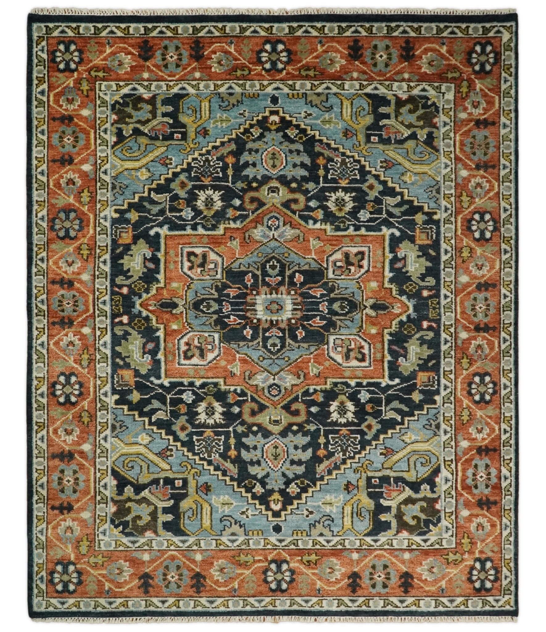 Rust, Blue and Aqua Traditional Heriz Hand knotted Multi Size wool Rug ...