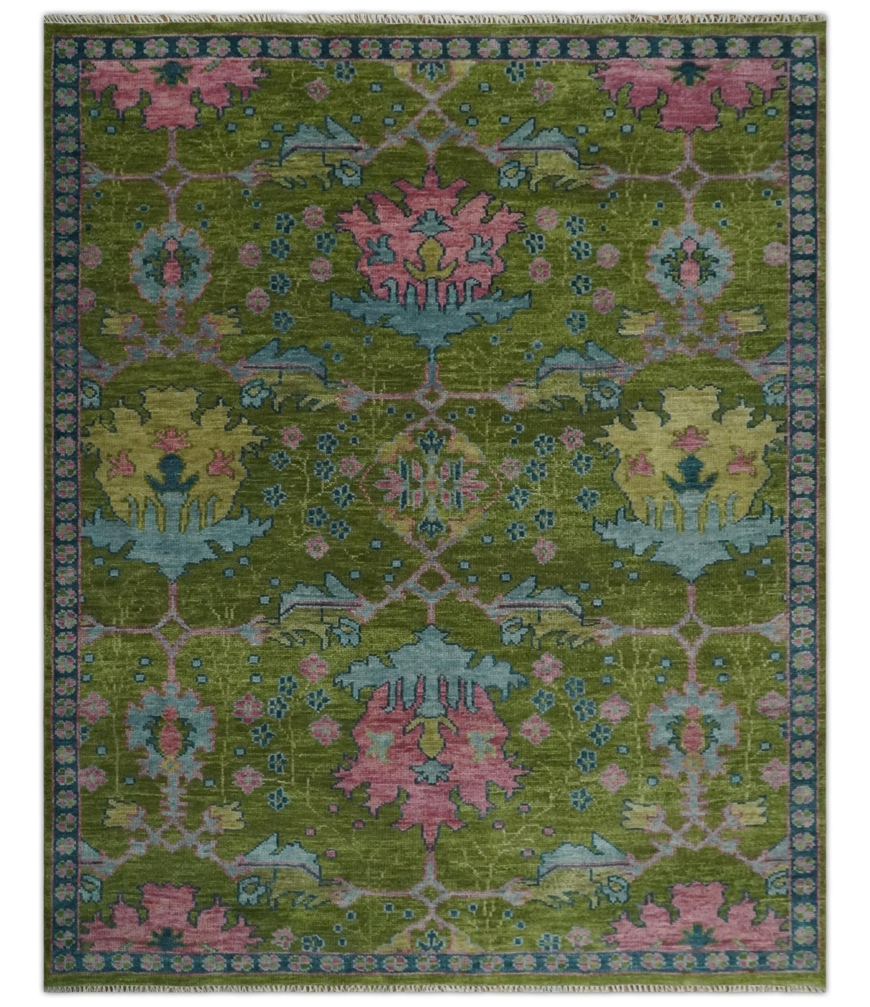 8x10 Green, Blue, Peach Hand Knotted Vibrant colorful Floral Wool Rug ...