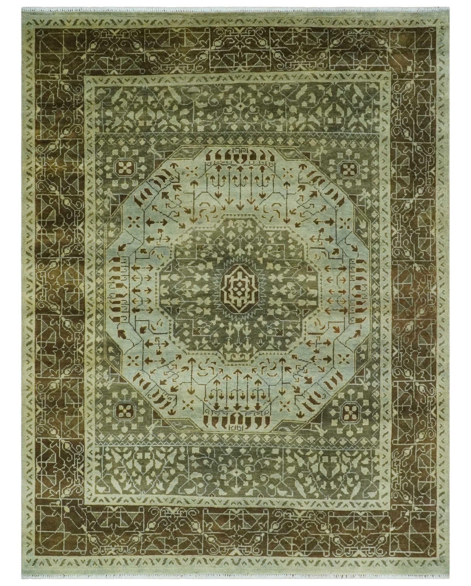 Antique Hand Knotted Green and Silver Medallion Pattern Wool Rug – The ...