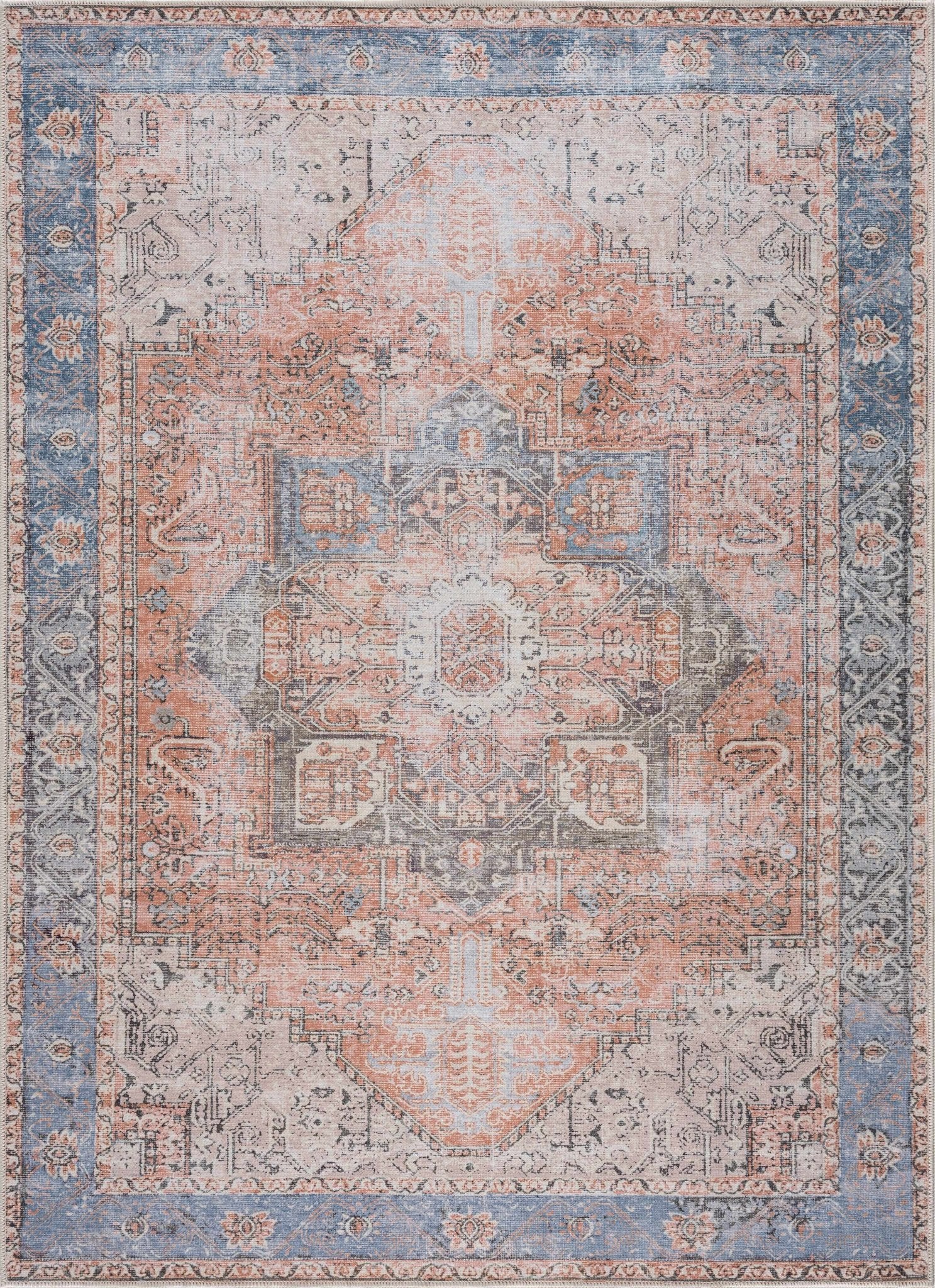 Antique Distresse Finished Vintage Style Rust, Light Pink and Blue Rug ...