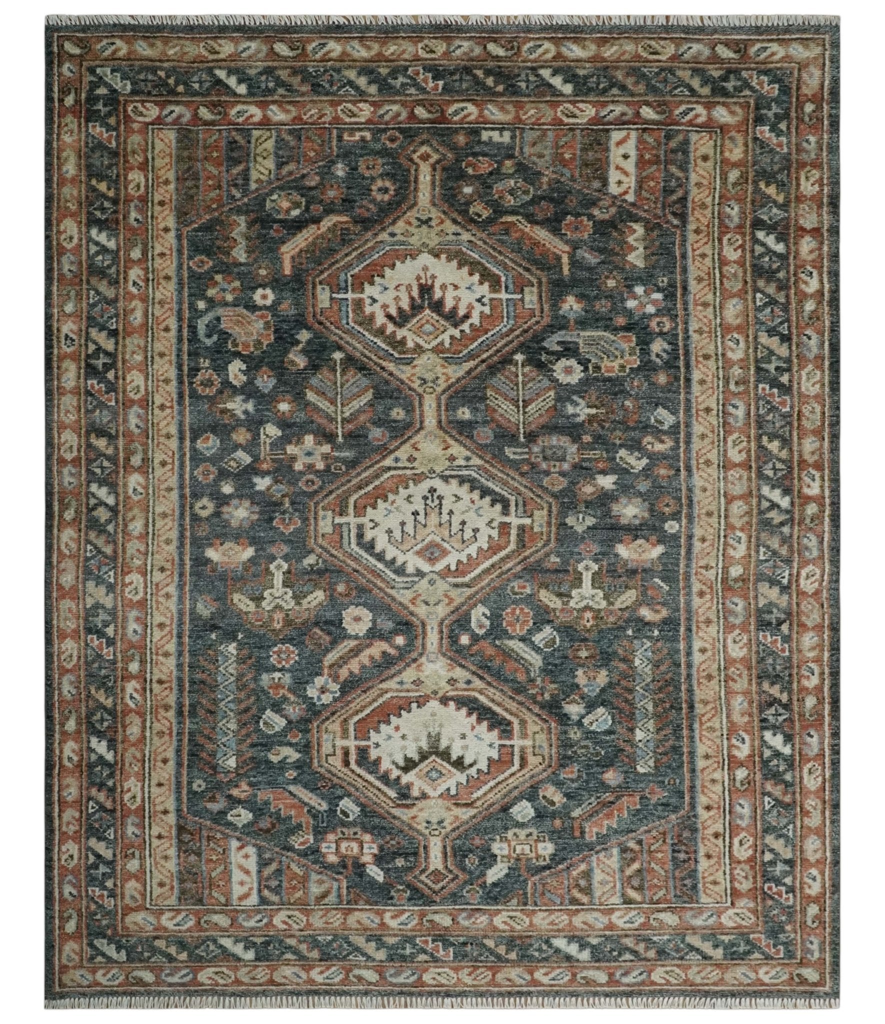 Antique finished Charcoal, Beige and Rust Heriz Custom Made wool Rug ...