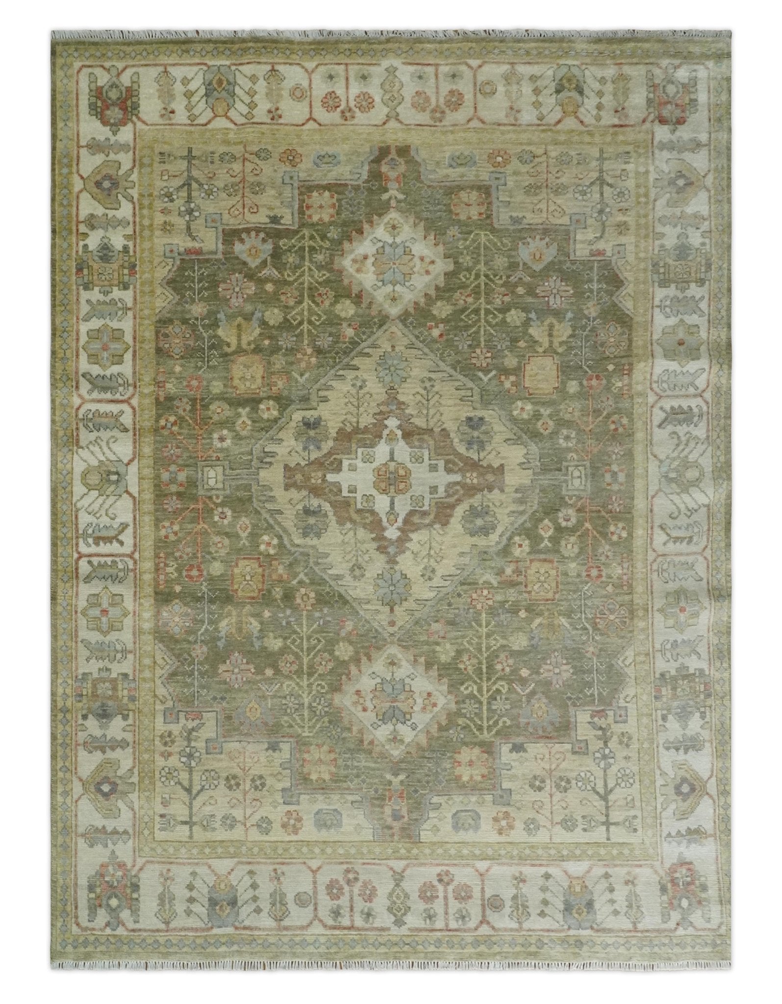 Vintage Green, Ivory and Beige Hand knotted Heriz Serapi wool Rug – The ...