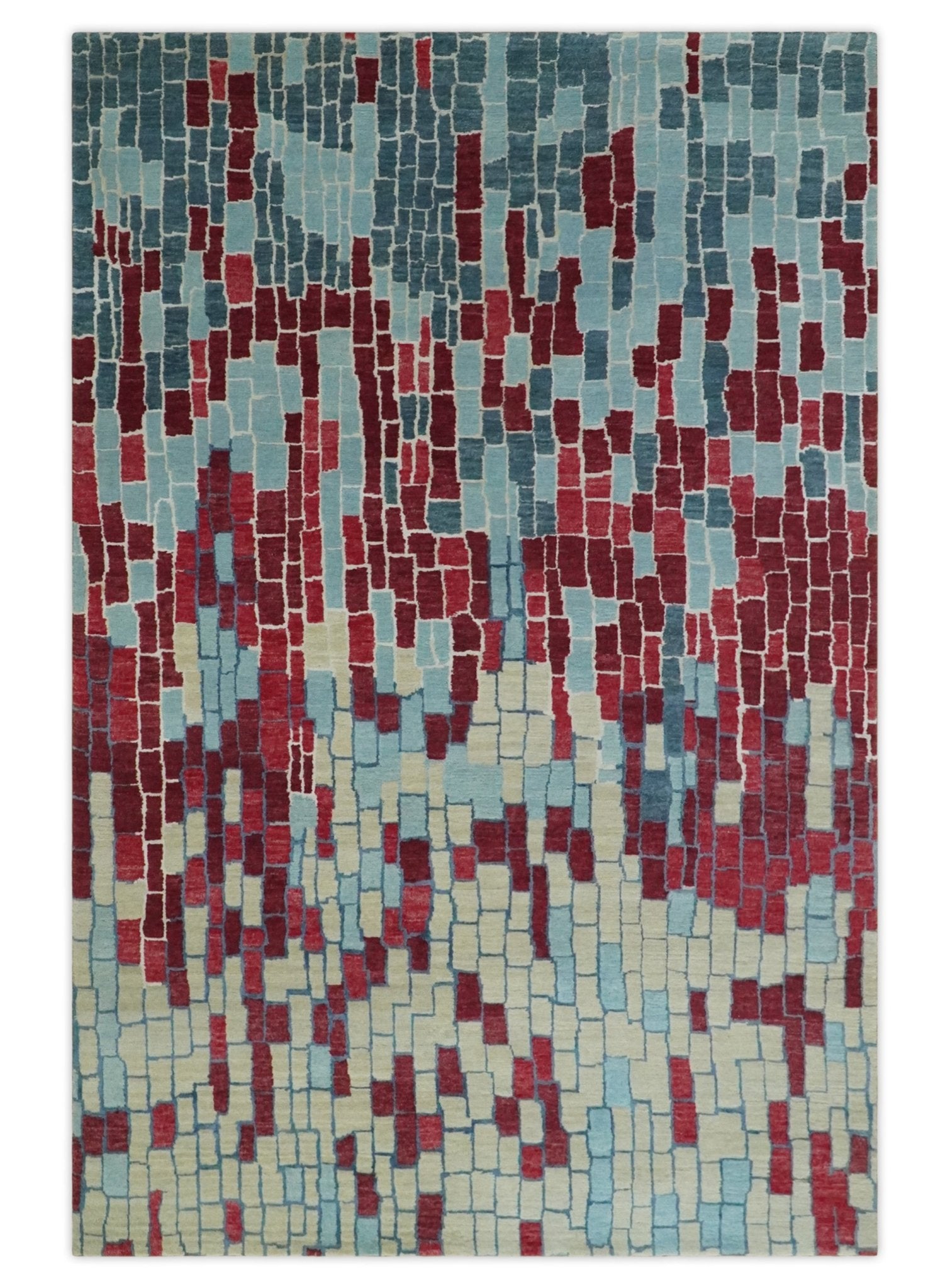 Beige, Blue and Maroon Modern Bricks Handloom Wool and Art Silk Rug ...