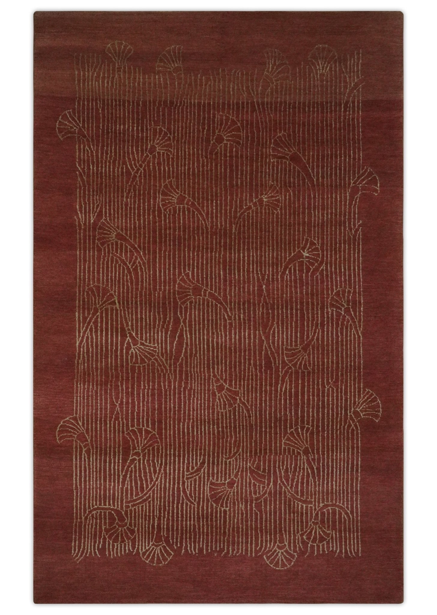 Brown and Gold Modern Stripes Shehnai Print 5x8 wool and Art Silk Rug ...
