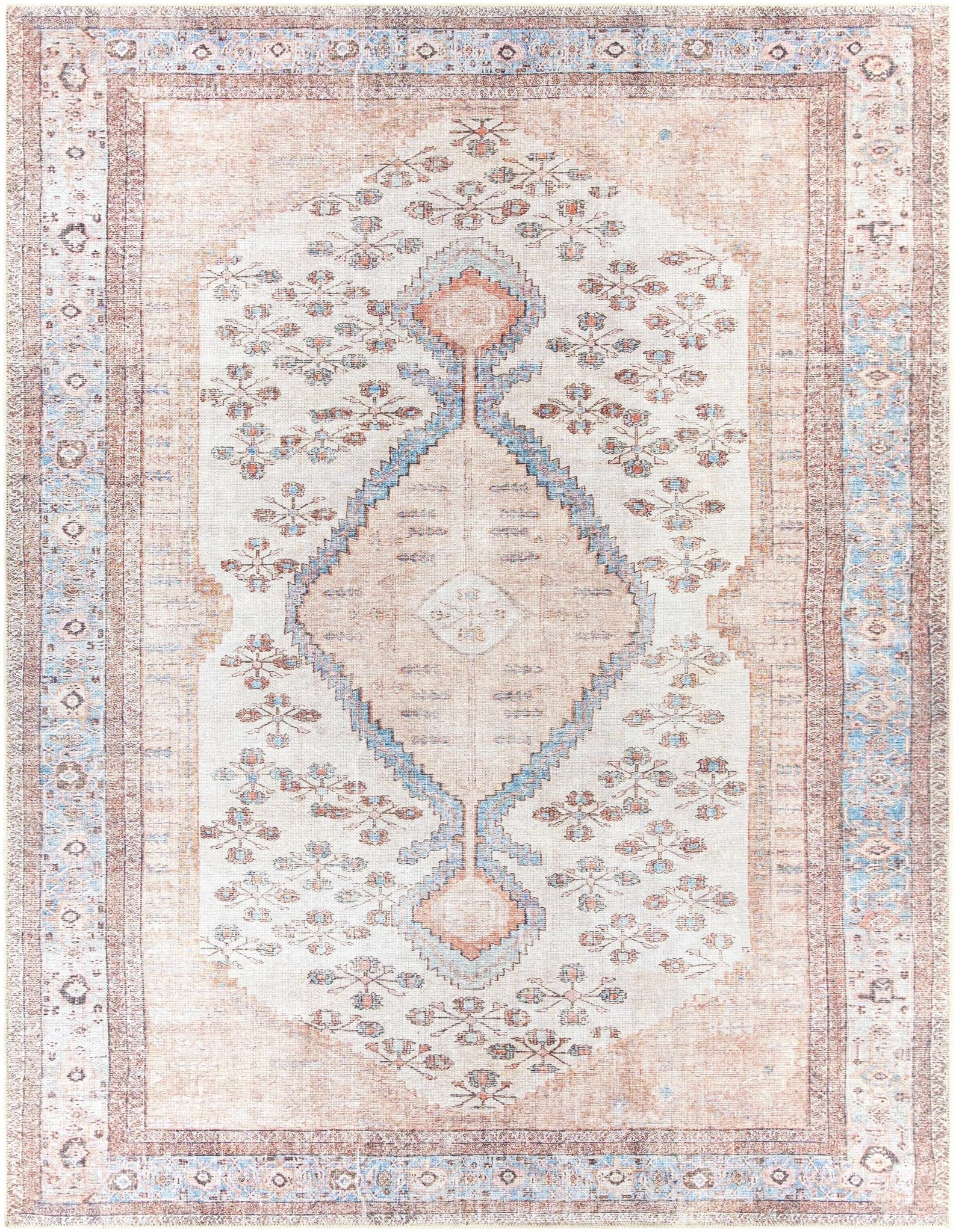 Traditional Floral Ivory, Peach and Blue Heriz Machine washable Rug ...