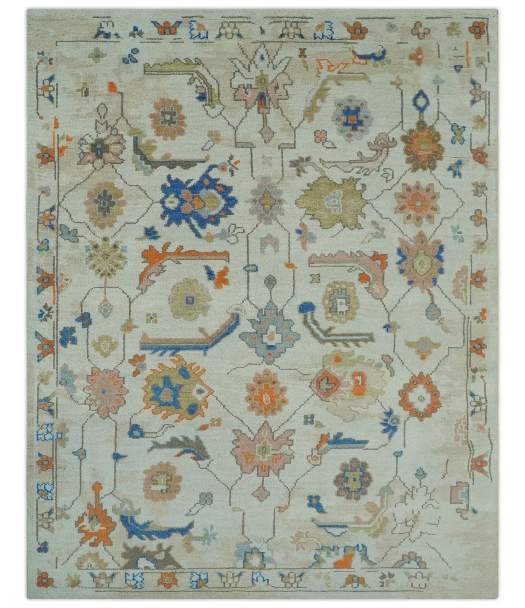Ivory, Blue, Orange and Olive Traditional Oriental Oushak wool Rug ...
