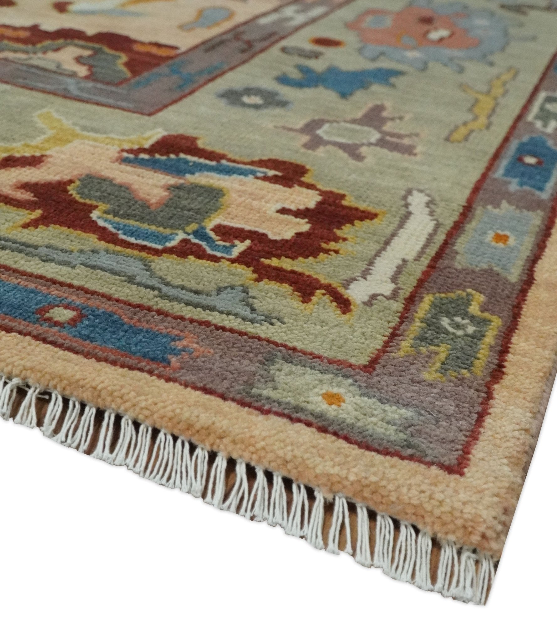 Vibrant Colorful Peach and Green Hand knotted Oushak wool Area Rug ...