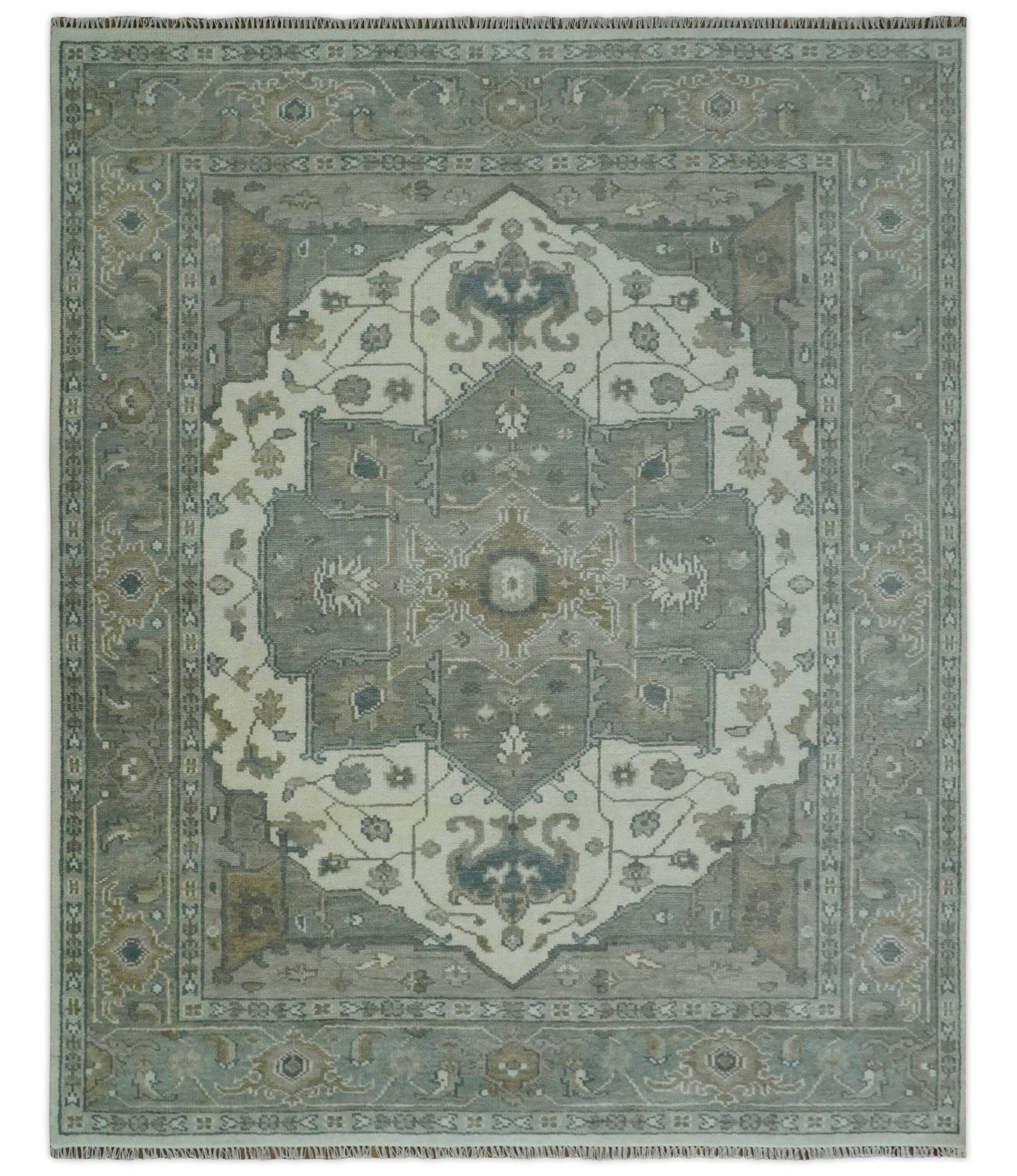 Antique Gray, Ivory and Silver Traditional Heriz Medallion wool Rug ...