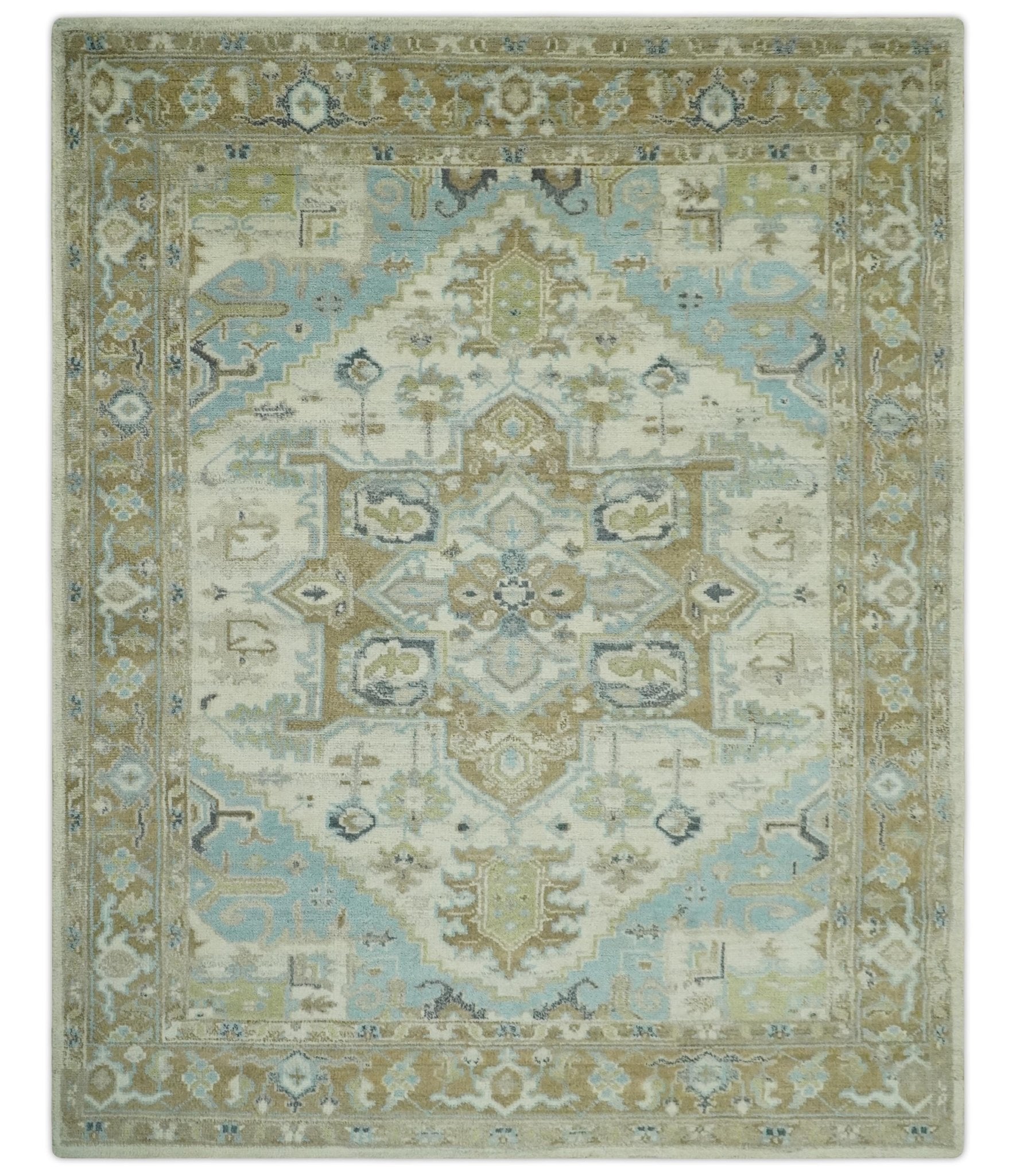 Hand Knotted Ivory, Olive and Light Blue Traditional Heriz Wool Rug ...