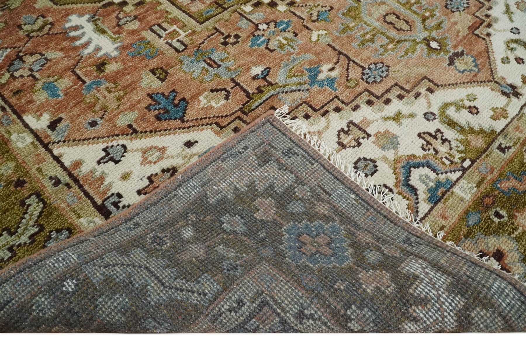 Vintage Style Olive, Rust and Ivory Traditional Heriz wool Area Rug ...