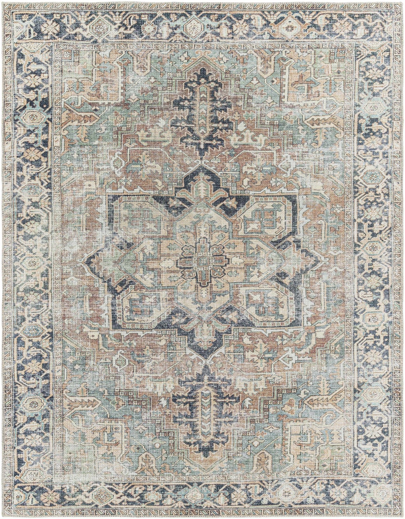 Brown, Blue and Beige Vintage Style Traditional Heriz Turkish Rug – The ...