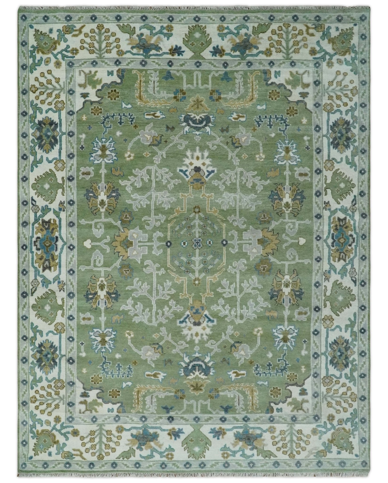Hand Knotted Green, Ivory and Silver Traditional Turkish Vintage Rug ...