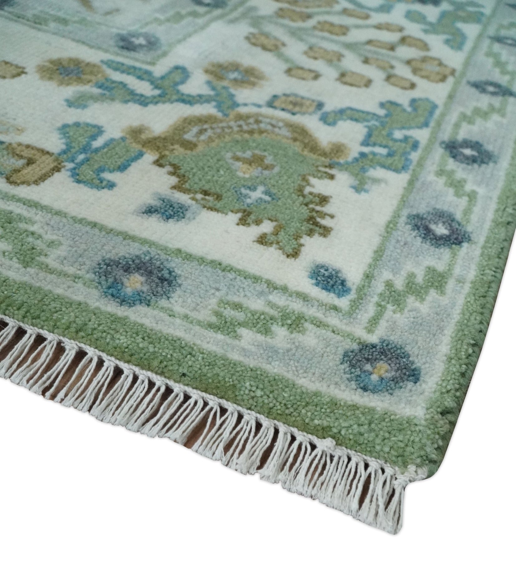 Hand Knotted Green, Ivory and Silver Traditional Turkish Vintage Rug ...