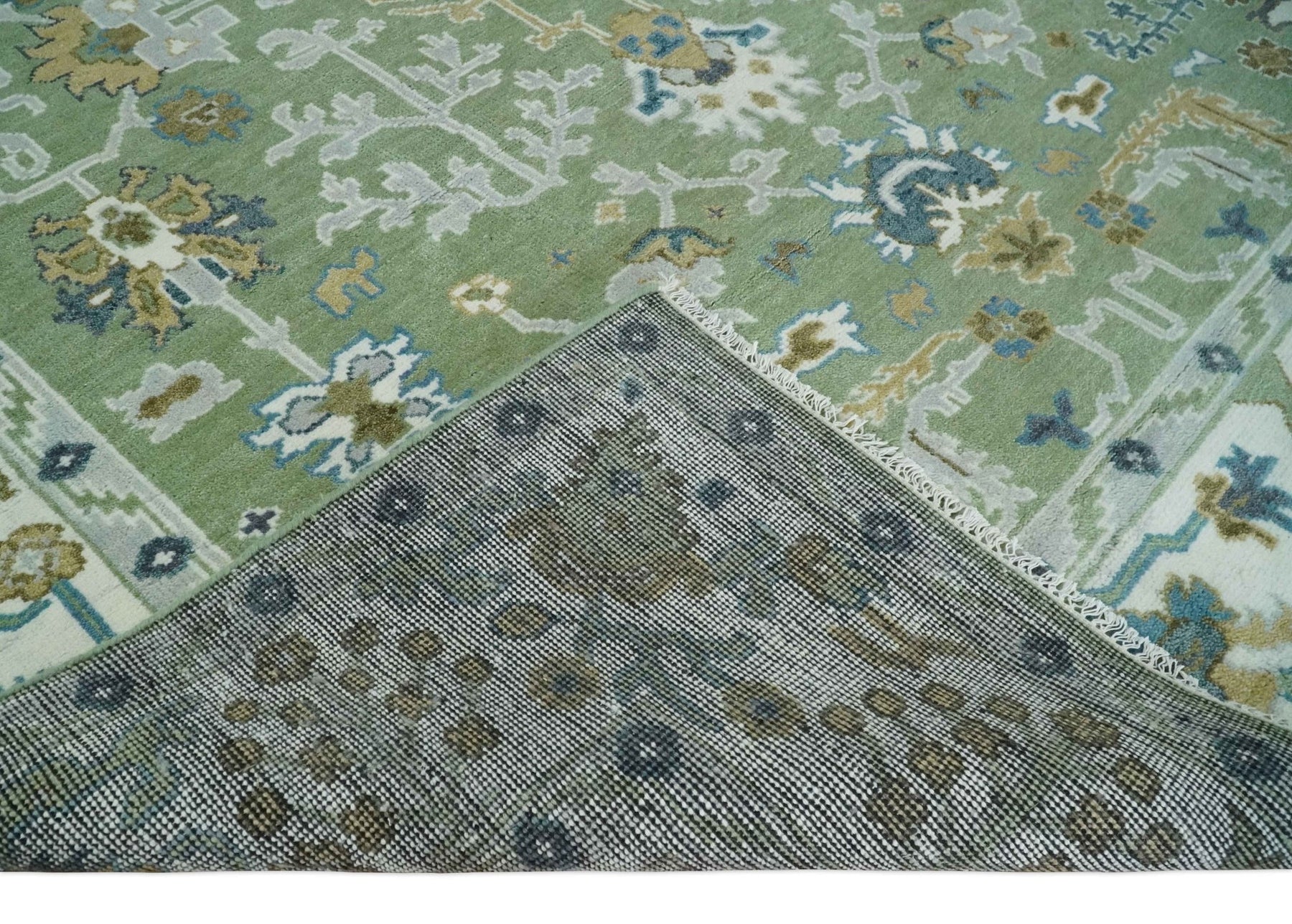 Hand Knotted Green, Ivory and Silver Traditional Turkish Vintage Rug ...