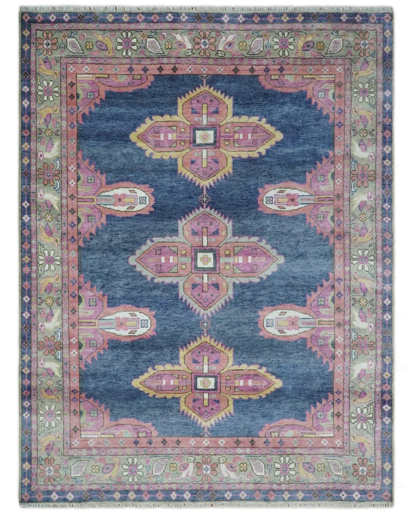 Hand Knotted Blue, Silver and Pink Traditional Heriz Serapi Wool Rug ...