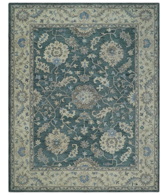 Vintage Persian Oushak Design Teal and Beige Hand Tufted Wool Area Rug ...