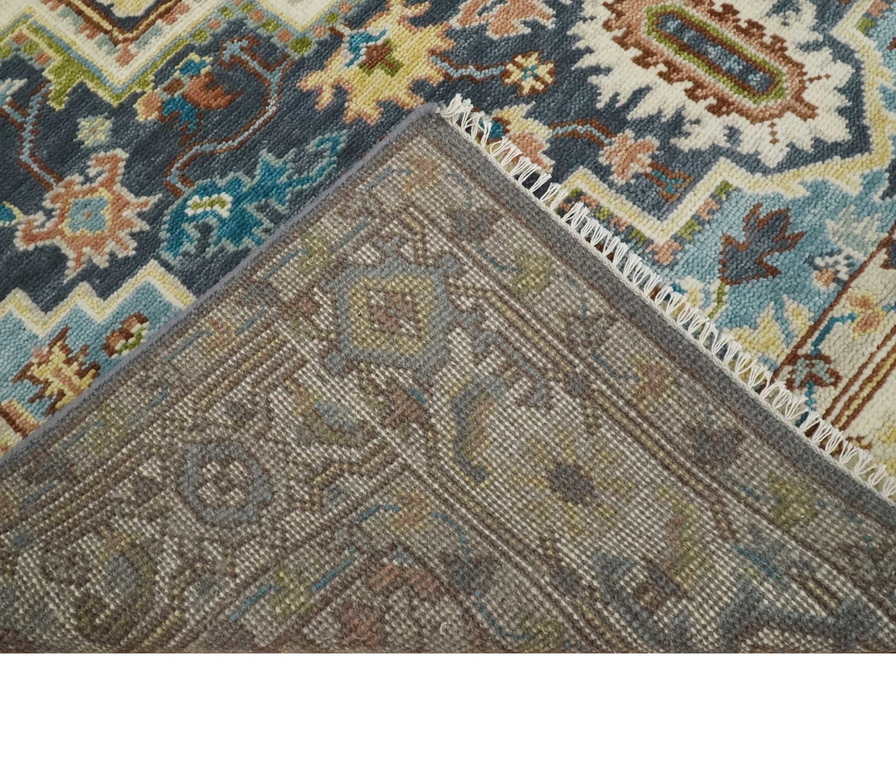 Ivory, Blue, Rust and Beige Hand knotted Traditional Heriz wool Rug ...