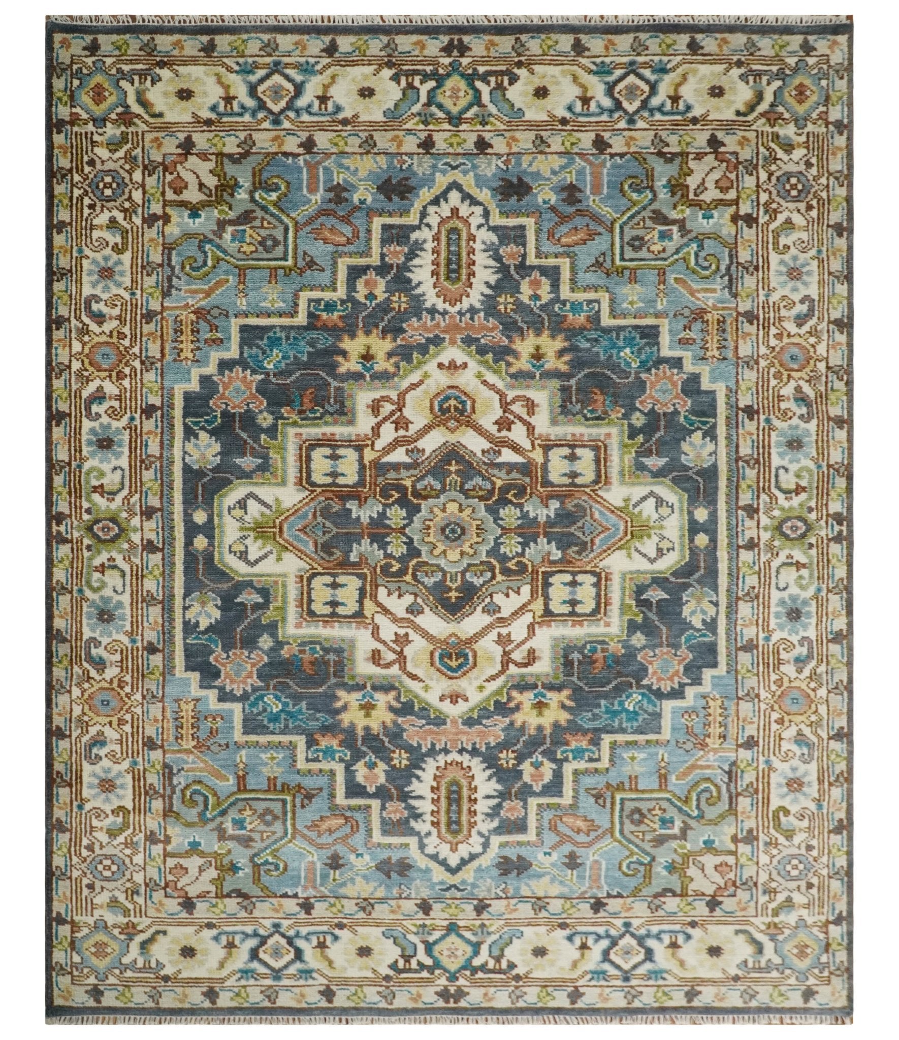 Ivory, Blue, Rust and Beige Hand knotted Traditional Heriz wool Rug ...