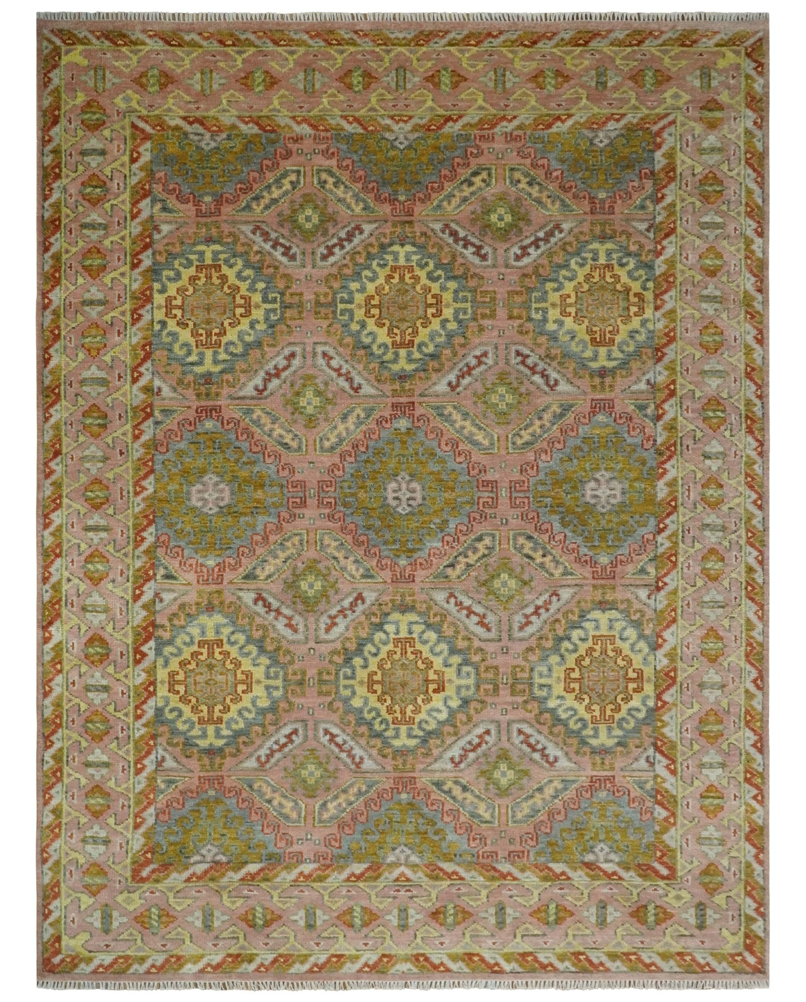 Peach, Mustard, Brown and Gray Oriental Hand Knotted Wool Area Rug ...