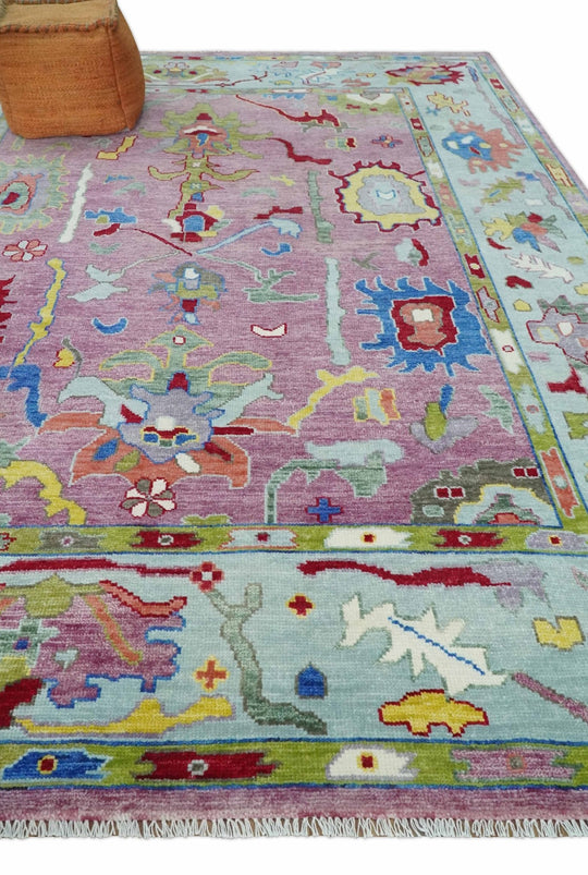 Pink Oushak Rug Wool Blue Colorful Hand knotted Modern Oushak Rug – The ...