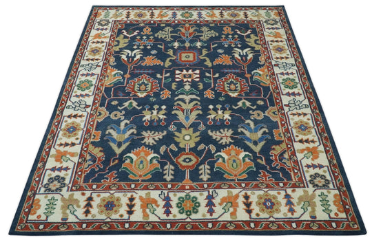 Blue, Ivory, Rust and Orange Hand Knotted Oriental Oushak wool Rug ...
