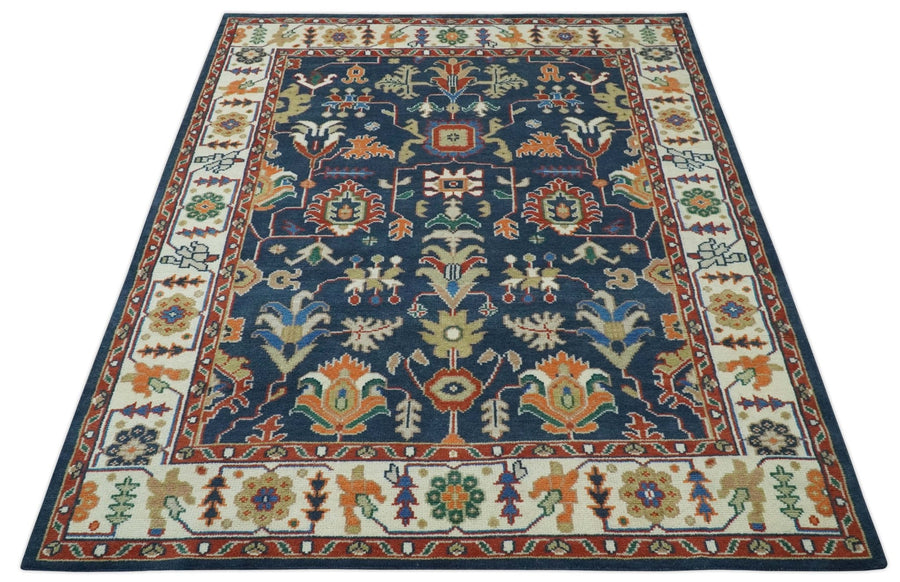 Blue, Ivory, Rust and Orange Hand Knotted Oriental Oushak wool Rug ...
