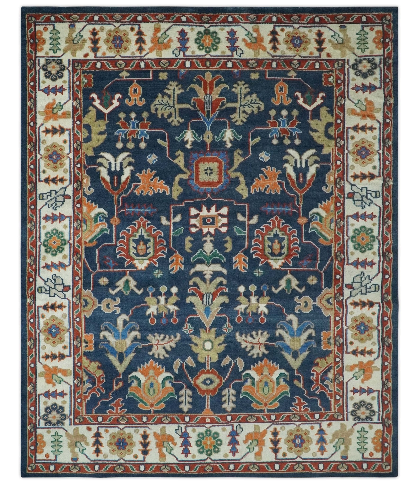 Blue, Ivory, Rust and Orange Hand Knotted Oriental Oushak wool Rug ...
