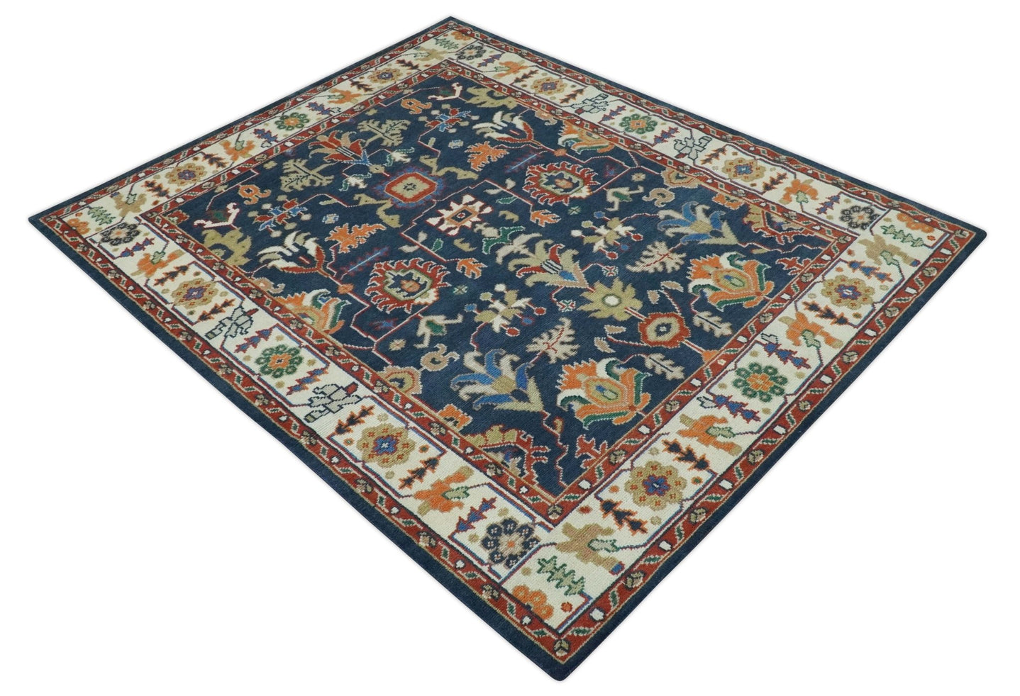 Blue, Ivory, Rust and Orange Hand Knotted Oriental Oushak wool Rug ...
