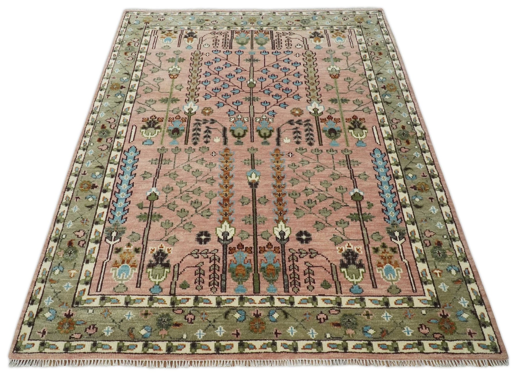 Multi size Pink, Olive and Beige Traditional Vintage Wool Rug – The Rug ...