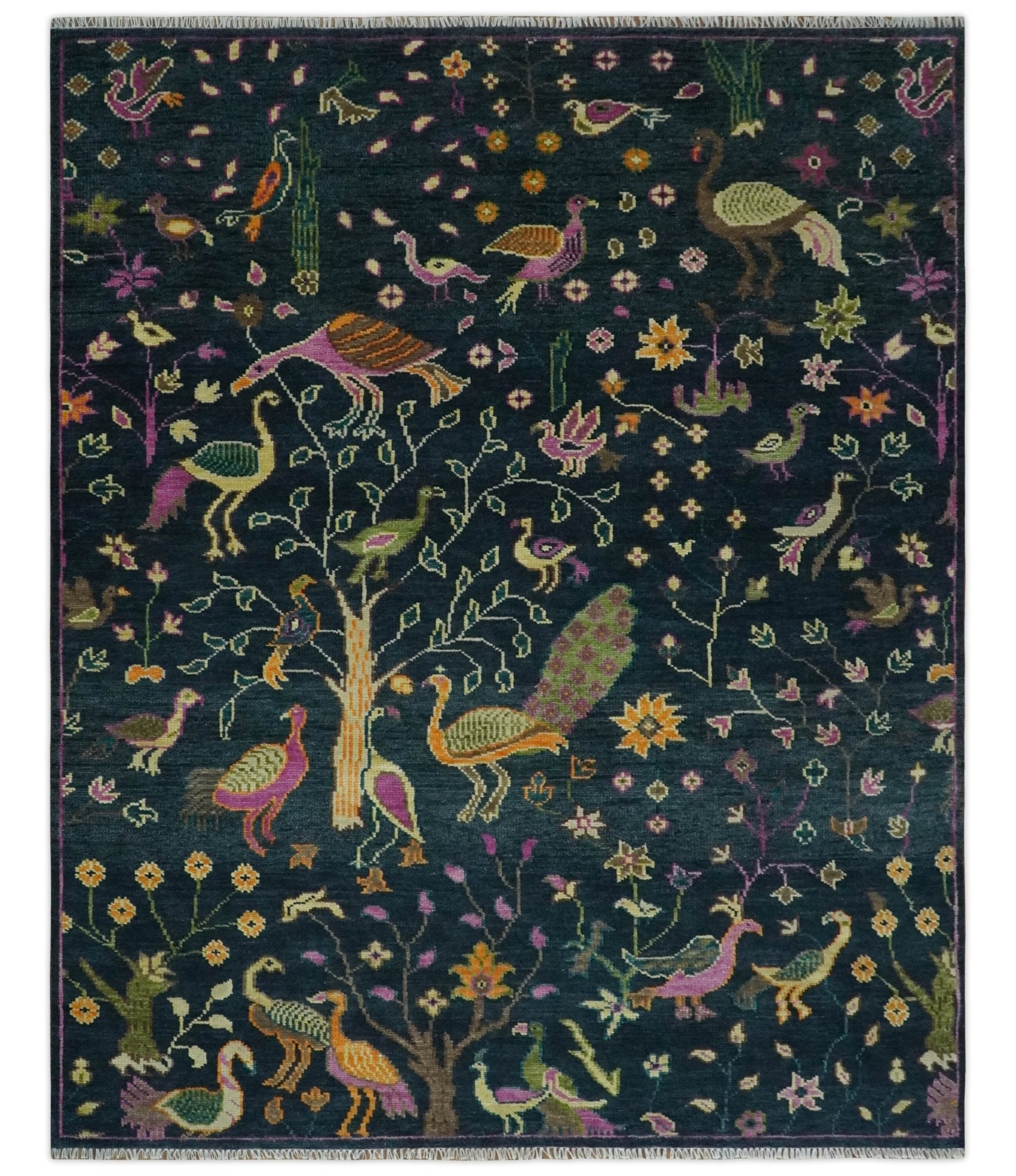 The Jungle Life Peacock on tree Rug Hand Knotted 8x10 Green Wool Rug ...
