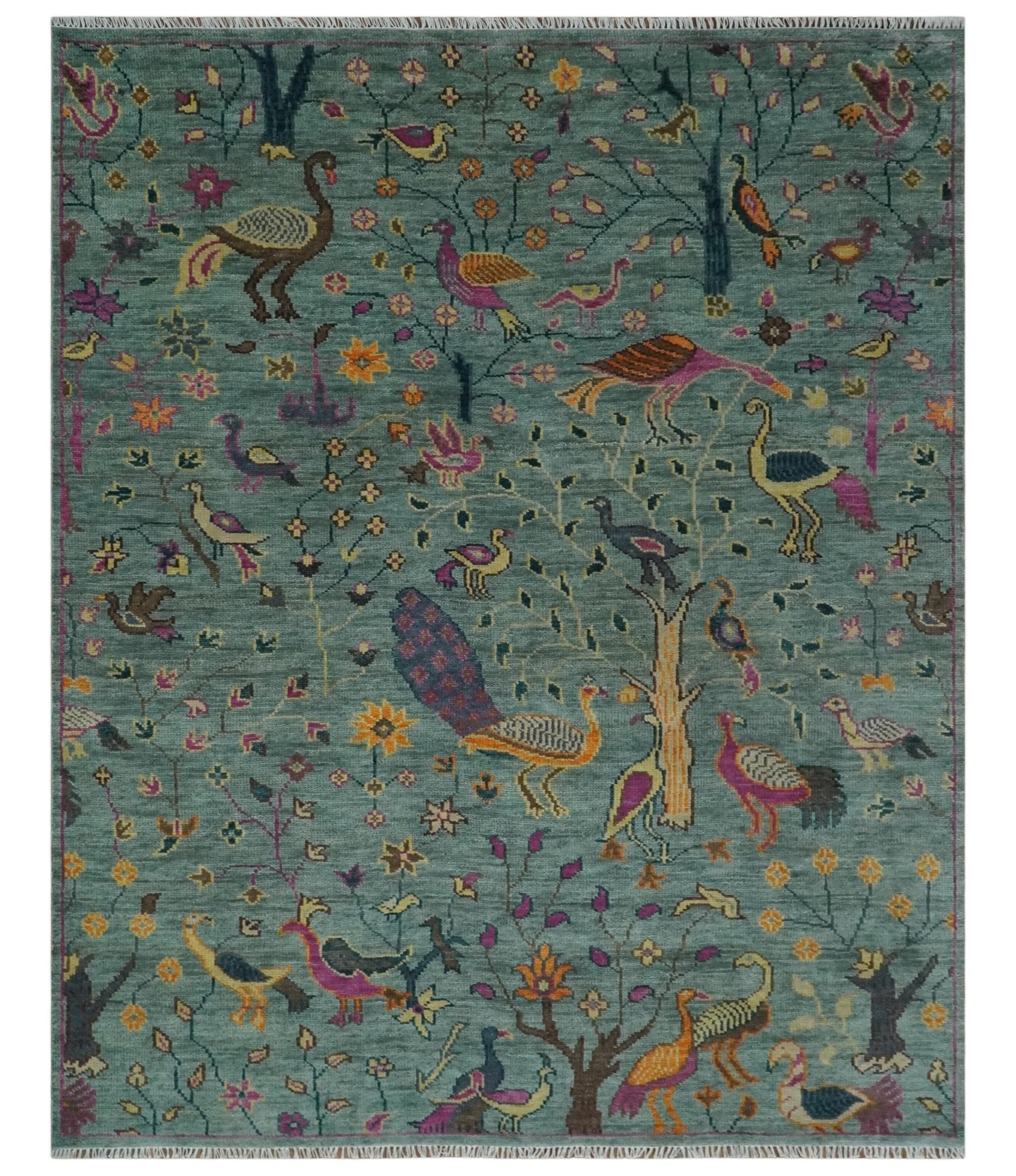 The Jungle Life Peacock on tree Rug Hand Knotted Green Wool Rug – The ...