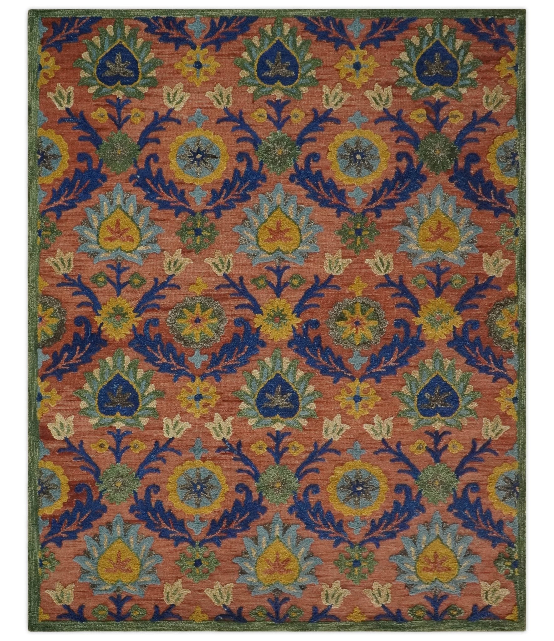Traditional Floral dark Peach, Blue and Green Hand Tufted wool Rug ...