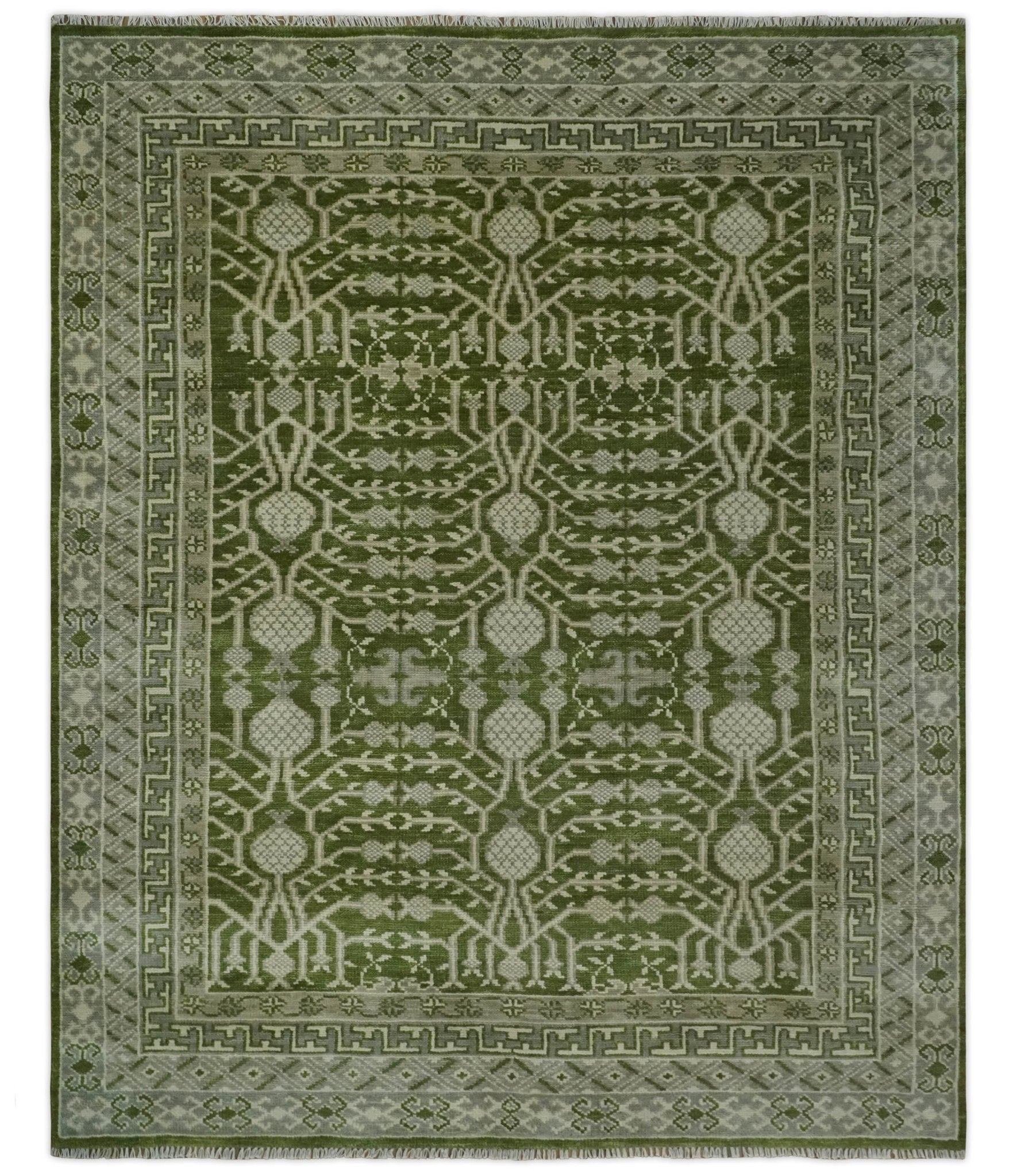 Traditional Large Design Hand knotted Green and Ivory wool Area Rug ...