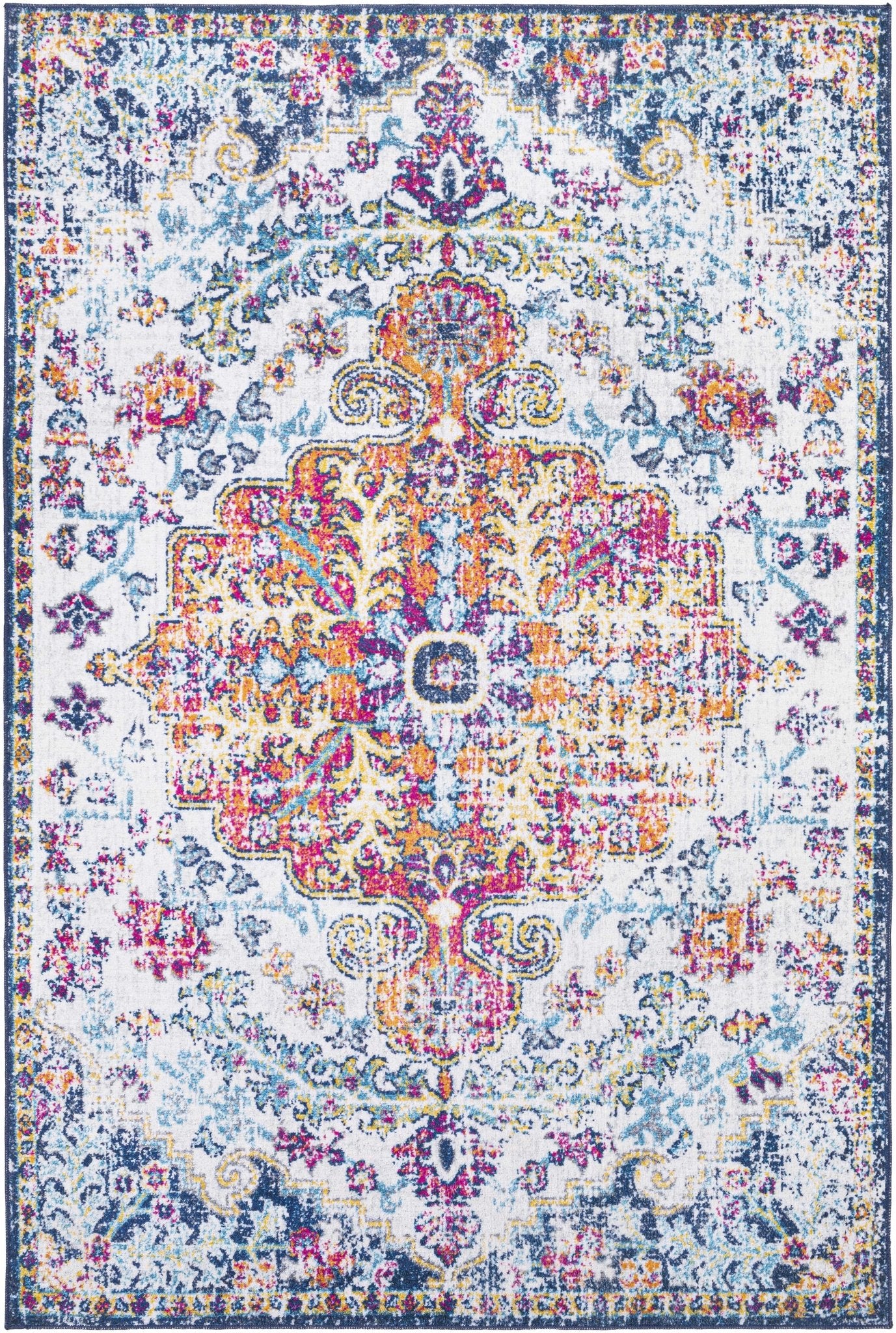 Traditional Vintage White, Blue, Mustard, Pink Multi color Area Rug ...