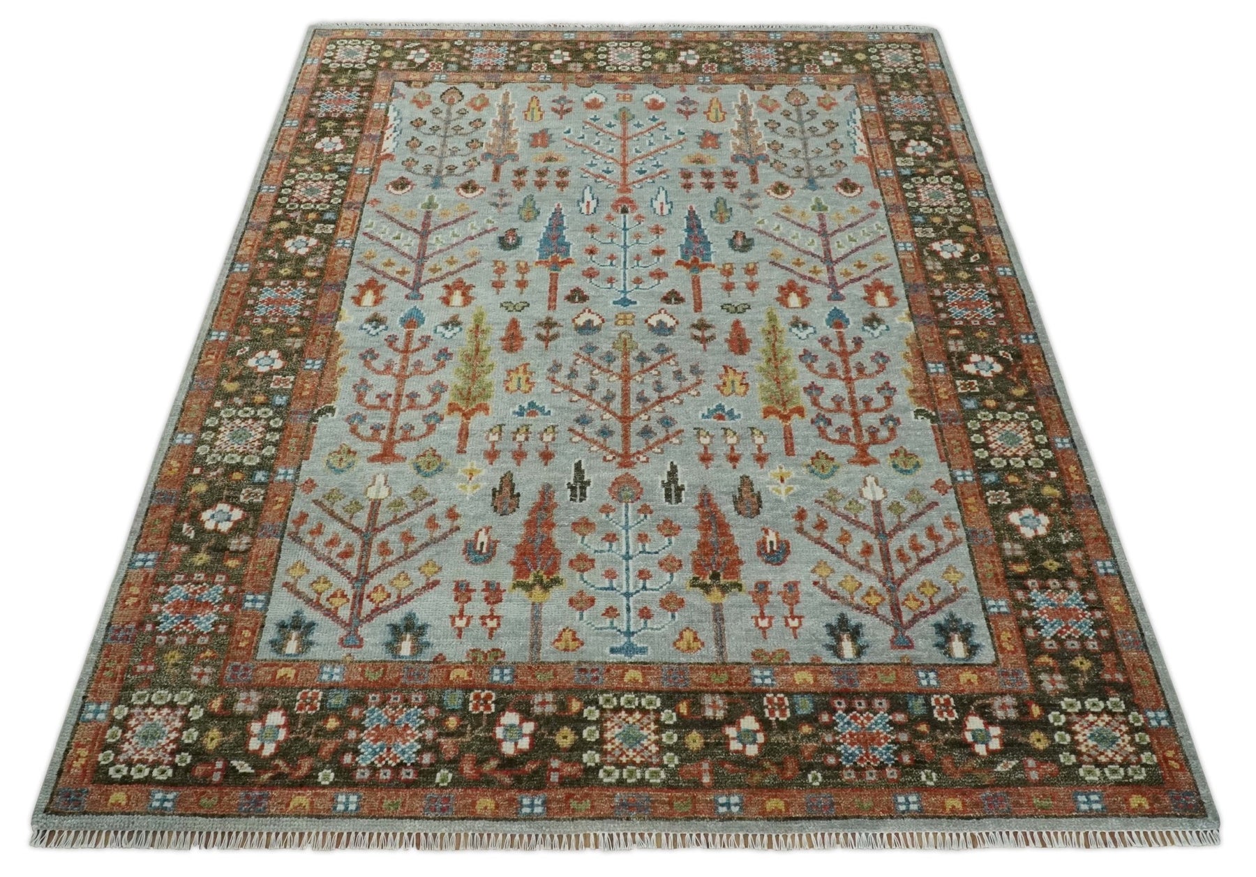 Tree of Life Silver Brown and Rust Traditional Vintage Oushak Wool Rug ...