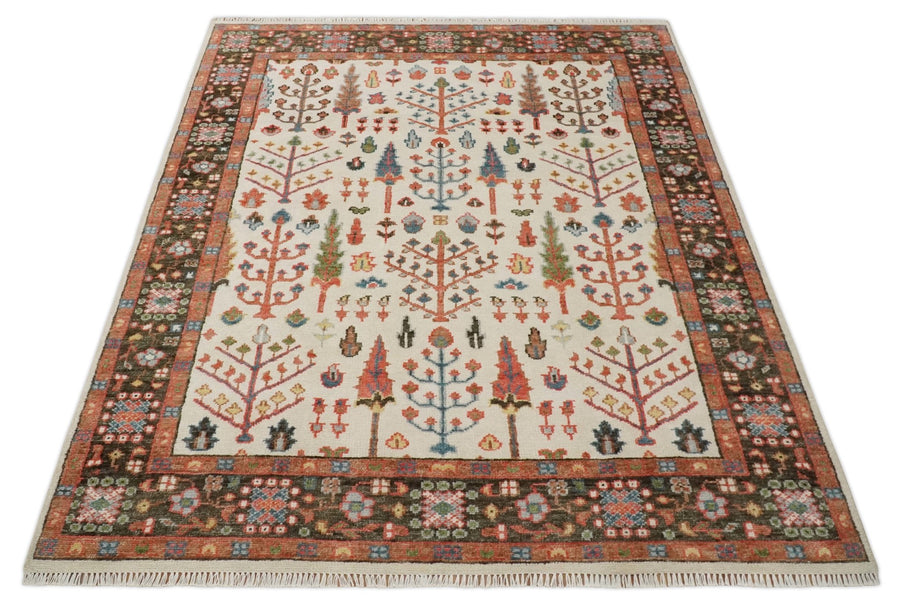 Tree of Life Ivory, Brown and Rust Traditional Vintage Oushak Wool Rug ...